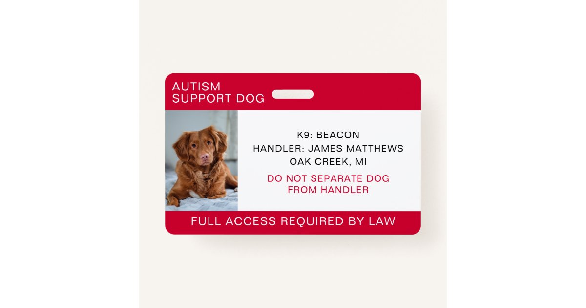 Red Autism Support Dog Photo Badge | Zazzle