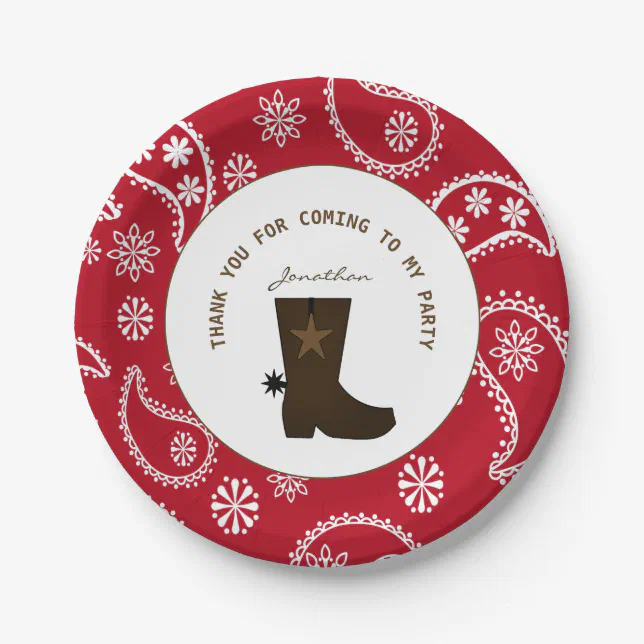 Red Bandana Cowboy Boot Personalized Birthday Paper Plates | Zazzle