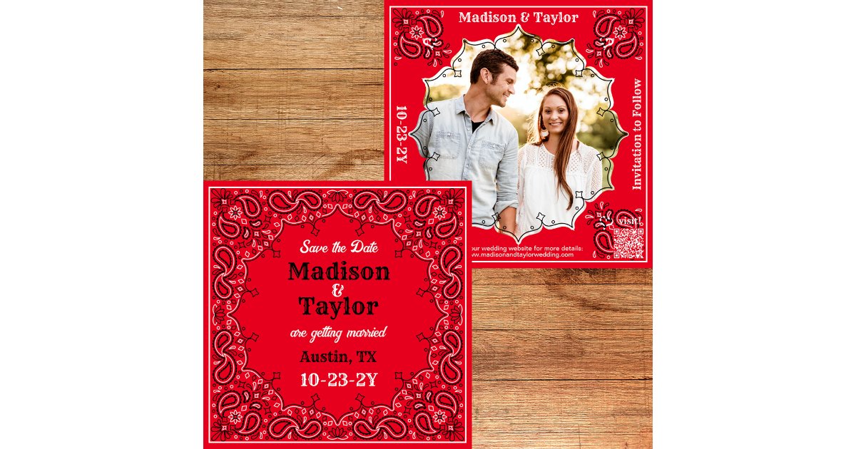 Red Bandana Photo Flat Save The Date Card | Zazzle