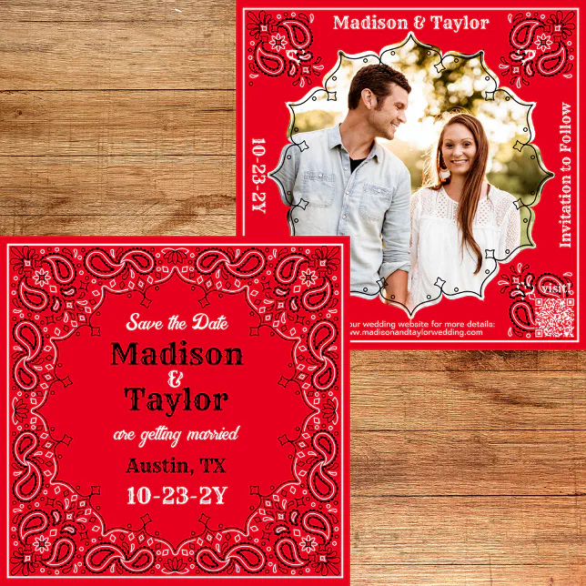 Red Bandana Photo Flat Save The Date Card | Zazzle