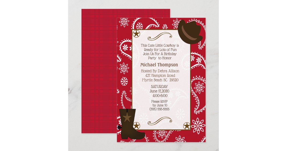 Red Bandana Western Cowboy Birthday Invitation | Zazzle