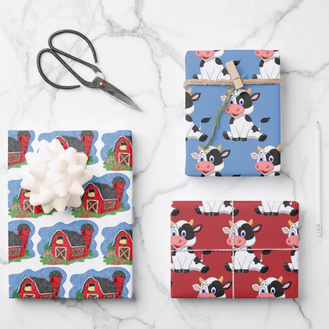 Red Barn and Cow Wrapping Paper Set | Zazzle