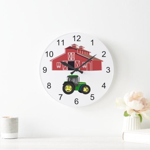 Red Barn and Farm Tractor Country Farmer Large Clock | Zazzle