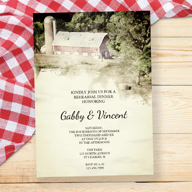 Red Barn and Silo Farm Watercolor Rehearsal Dinner Invitation | Zazzle