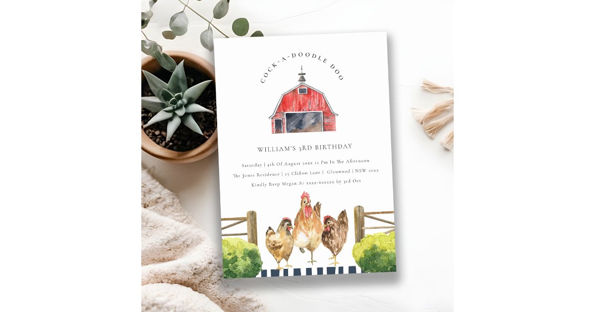 Red Barn Chicken Farm Watercolor Birthday Invite | Zazzle
