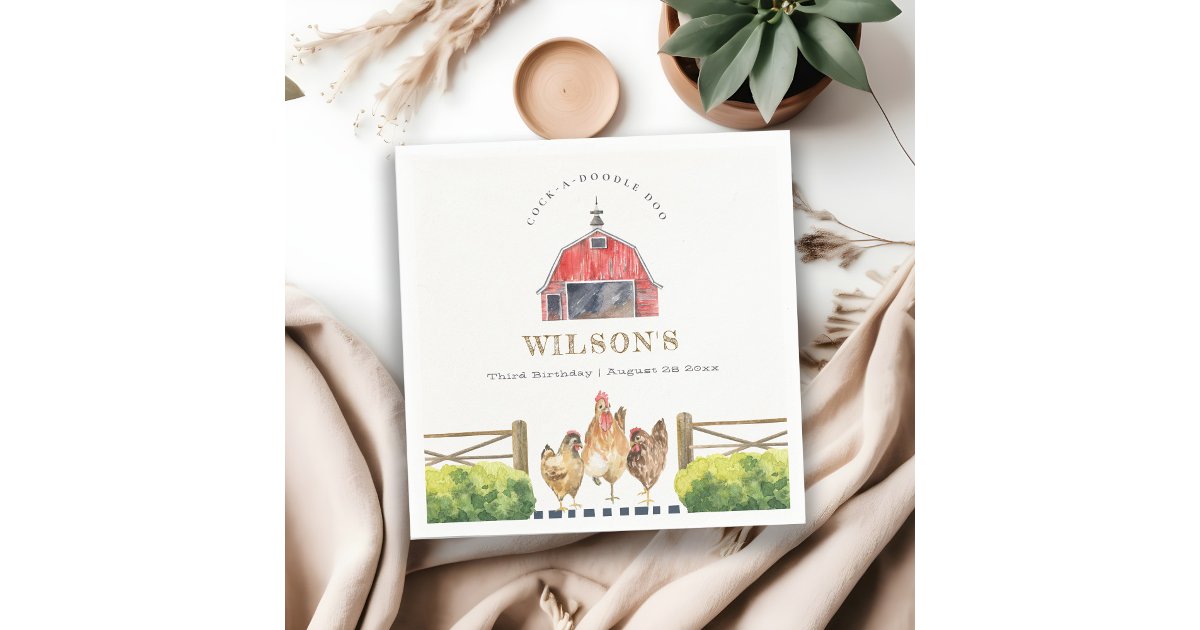 Red Barn Chicken Farm Watercolor Kids Birthday Napkins | Zazzle