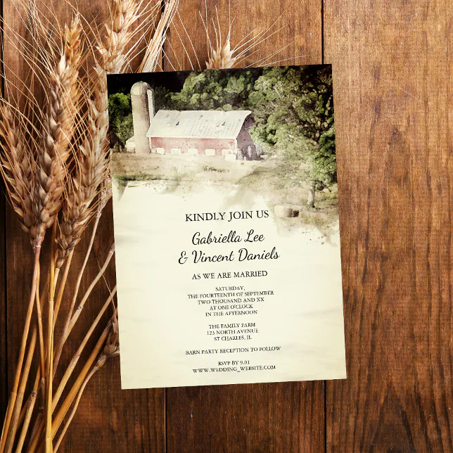Red Barn Country Farm Wedding Watercolor Invitation | Zazzle
