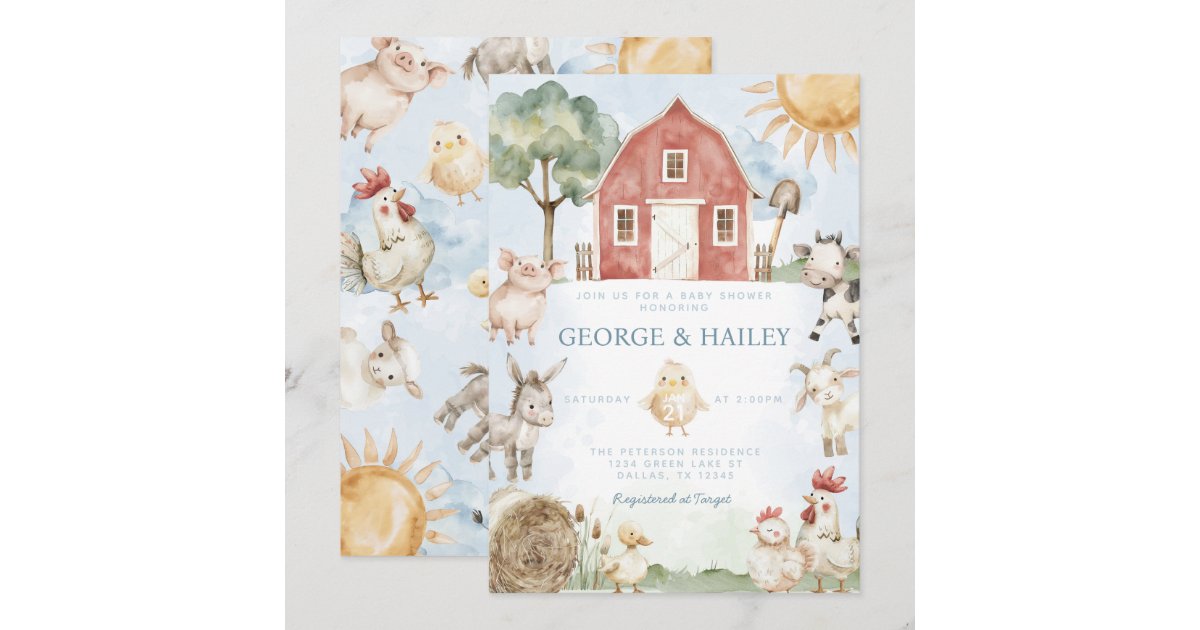 Red Barn Farm Animal Baby Shower Invitation | Zazzle