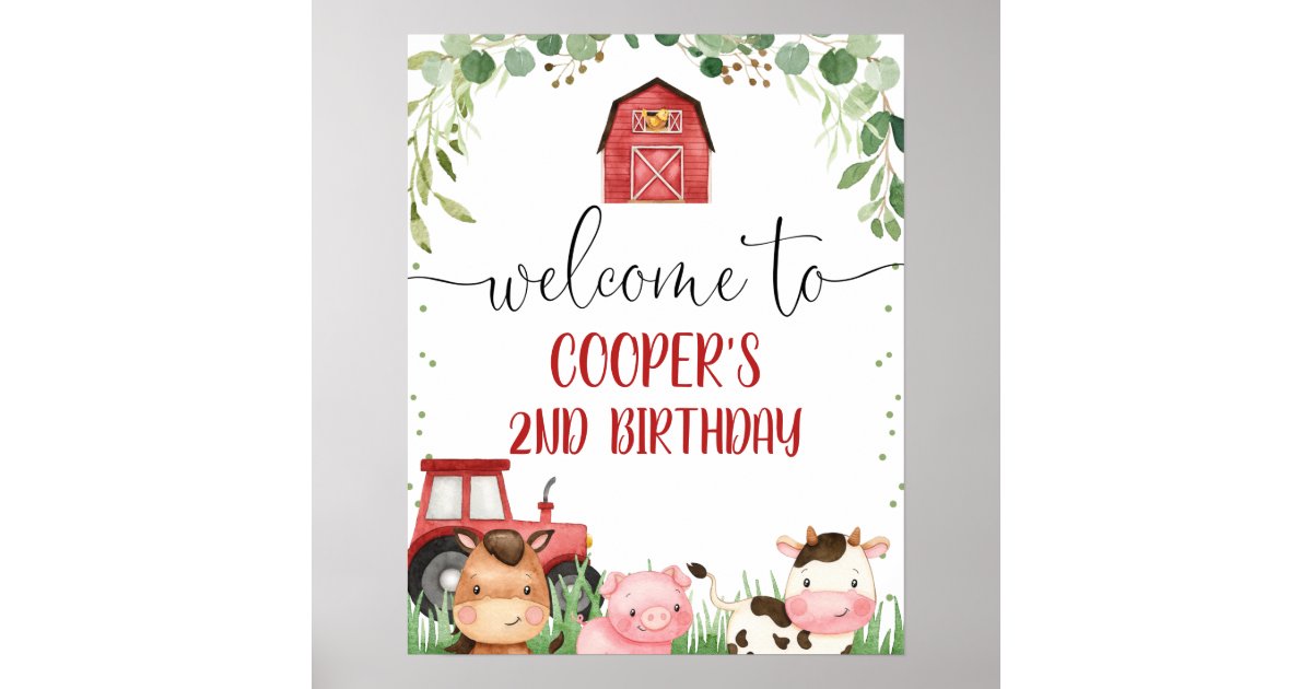 Red Barn Foliage Farm Animals Birthday Welcome Poster | Zazzle