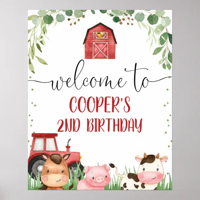 Red Barn Foliage Farm Animals Birthday Welcome Poster | Zazzle