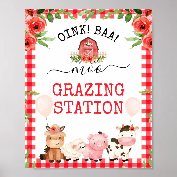 Red Barn Oink Baa Moo Farm Animals Birthday Party Poster | Zazzle