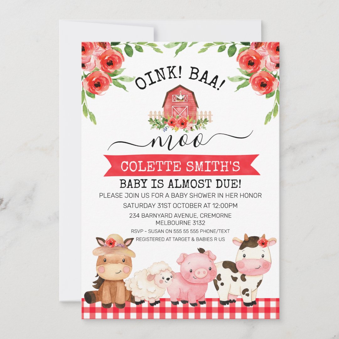 Red Barn Oink Baa Moo Farm Baby Shower Invitation | Zazzle