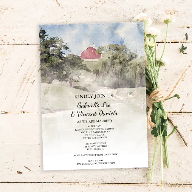 Red Barn on Hillside Farm Wedding Watercolor Invitation | Zazzle