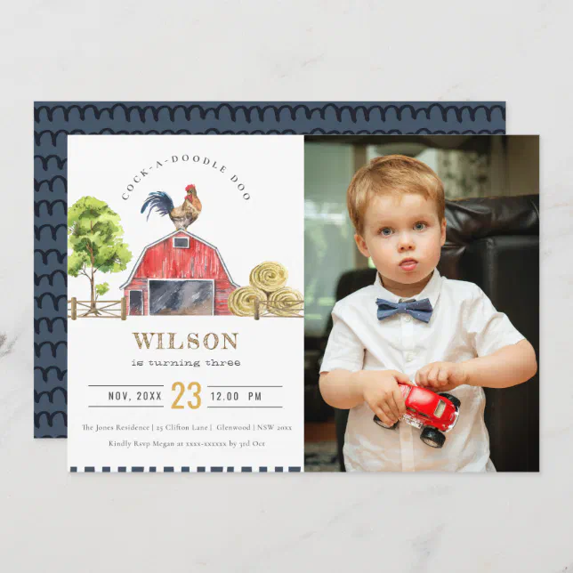 Red Barn Rooster Watercolor Photo Birthday Invite | Zazzle