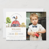 Red Barn Rooster Watercolor Photo Birthday Invite | Zazzle