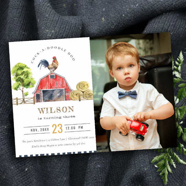 Red Barn Rooster Watercolor Photo Birthday Invite | Zazzle