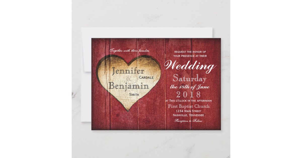 Red Barn Wood Heart Country Wedding Invitations | Zazzle