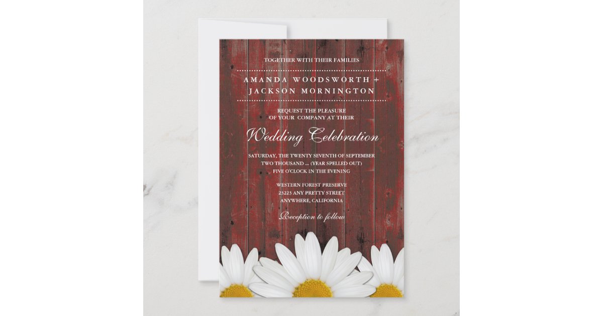 Red Barn Wood Rustic Daisy Wedding Invitations | Zazzle