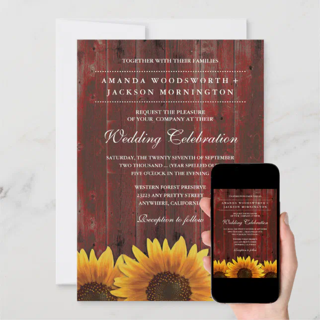 Red Barn Wood Rustic Sunflower Wedding Invitations | Zazzle