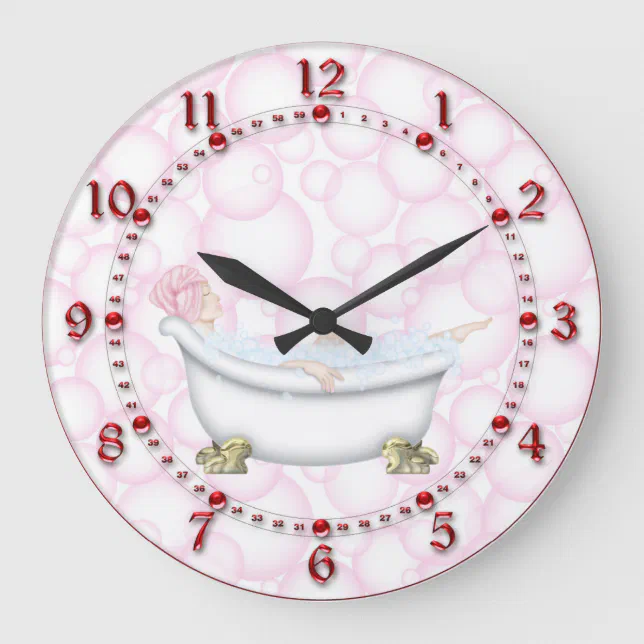 Red Bathroom Bubbles Large Clock | Zazzle