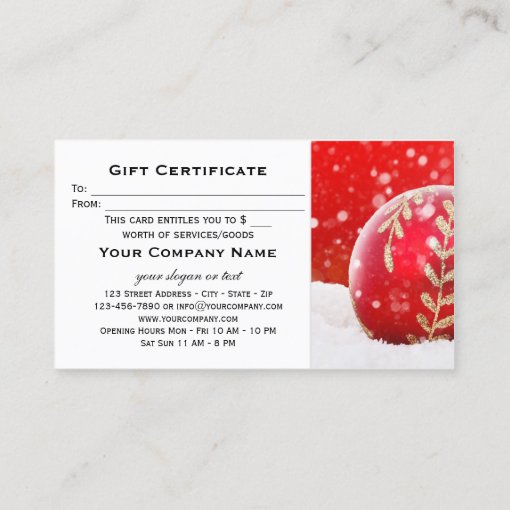 Red Bauble Sparkling Snow Christmas Gift Card | Zazzle