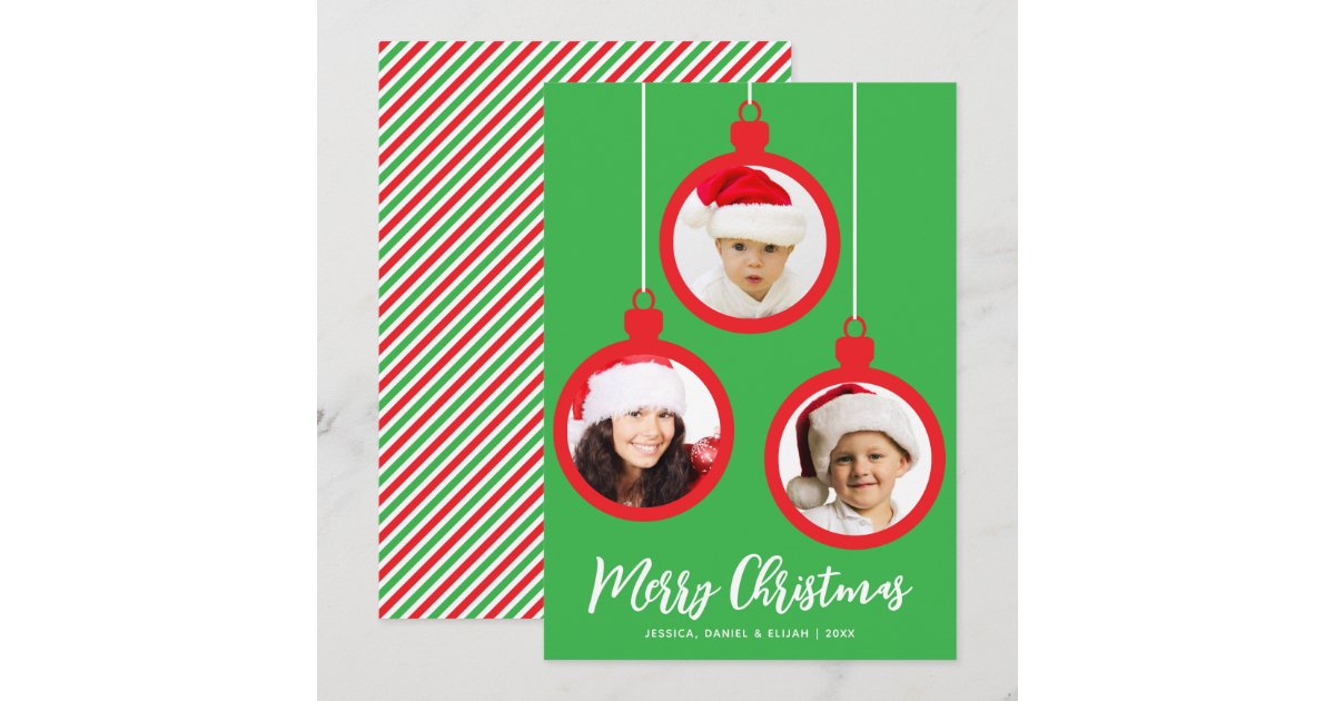 Red Baubles 3 Photos Collage Merry Christmas Green Holiday Card | Zazzle
