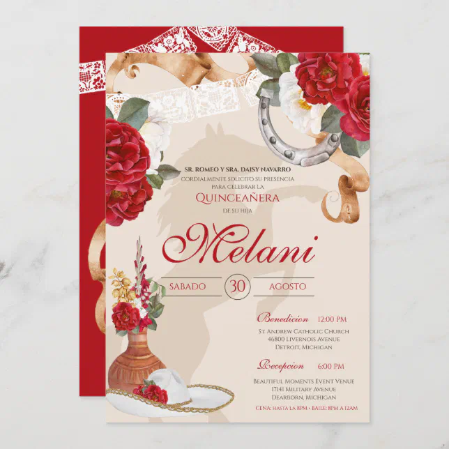Red Beige Elegant Rose Charro Mariachi Quinceanera Invitation | Zazzle