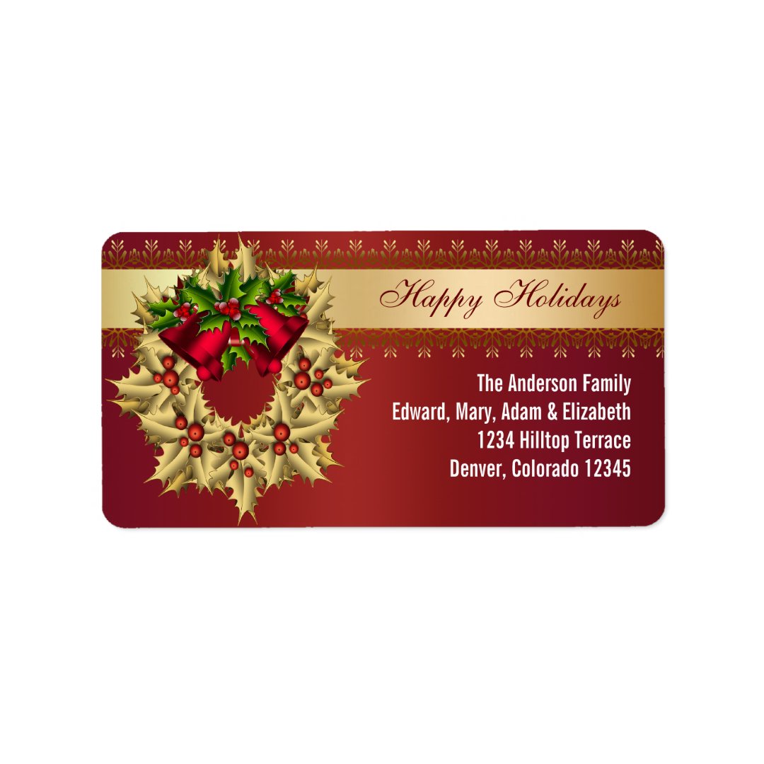 Red Bells Gold Holly Red Christmas Address Labels | Zazzle