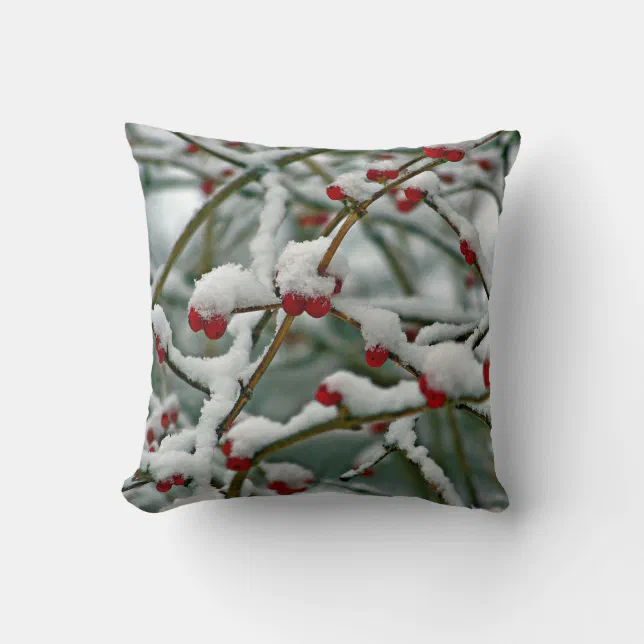 Red Berries in Winter Snow Throw Pillow | Zazzle