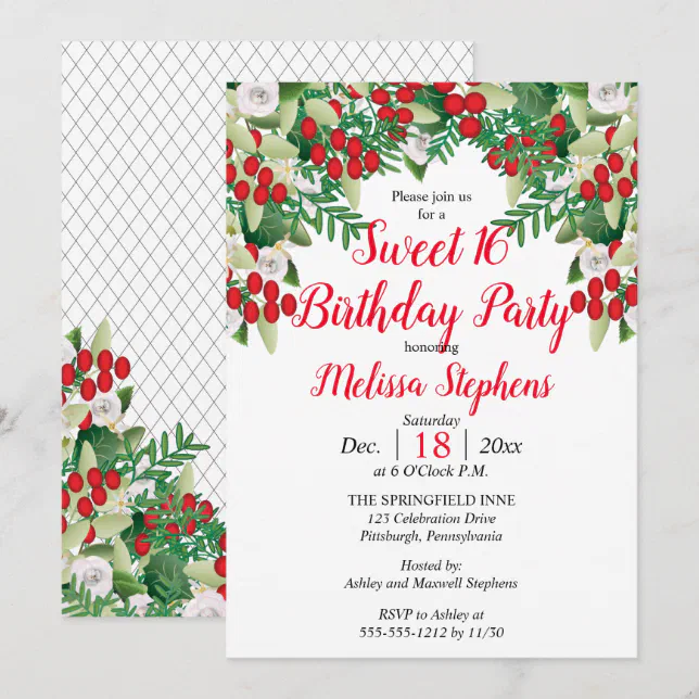 Red Berries | Roses Floral Sweet 16 Birthday Party Invitation | Zazzle
