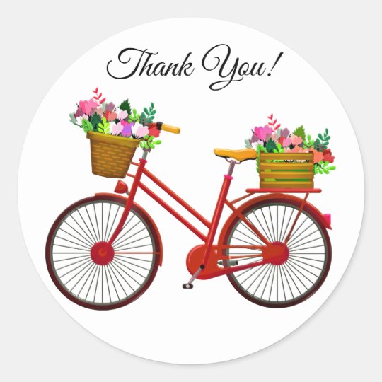 Red Bicycle With Basket Of Flowers Thank You Classic Round Sticker ...