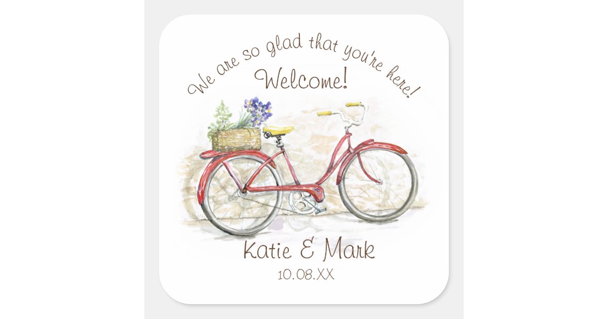 Red Bicycle with Basket Welcome Square Sticker | Zazzle