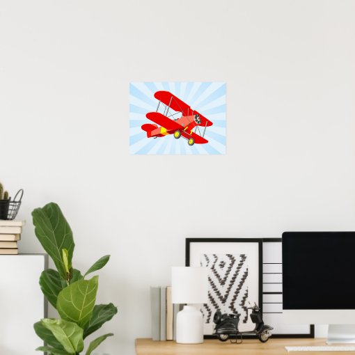 Red Biplane Graphic with Blue Star Burst Poster | Zazzle