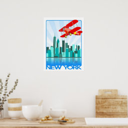 Red Biplane Over New York Retro Design Poster | Zazzle