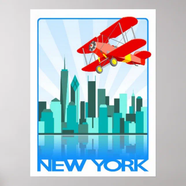 Red Biplane Over New York Retro Design Poster | Zazzle