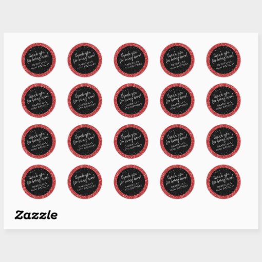Red Birthday Glitter Thank You Favor Classic Round Sticker | Zazzle