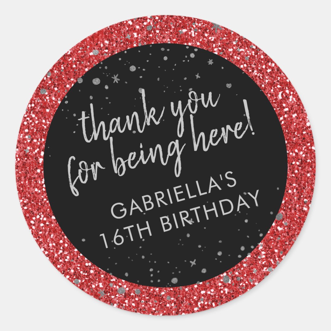 Red Birthday Glitter Thank You Favor Classic Round Sticker | Zazzle