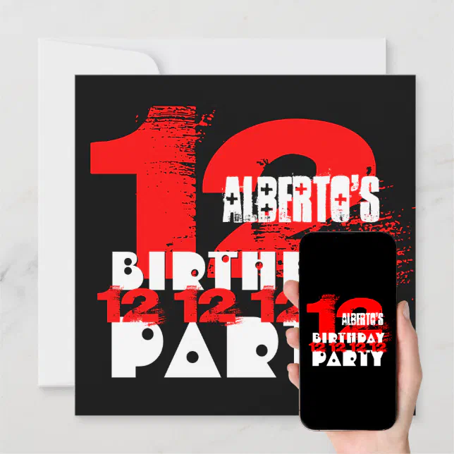 RED BLACK 12th Birthday Party 12 Year Old V03 Invitation | Zazzle