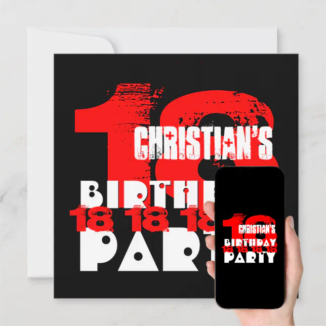 RED BLACK 18th Birthday Party 18 Year Old V10 Invitation | Zazzle