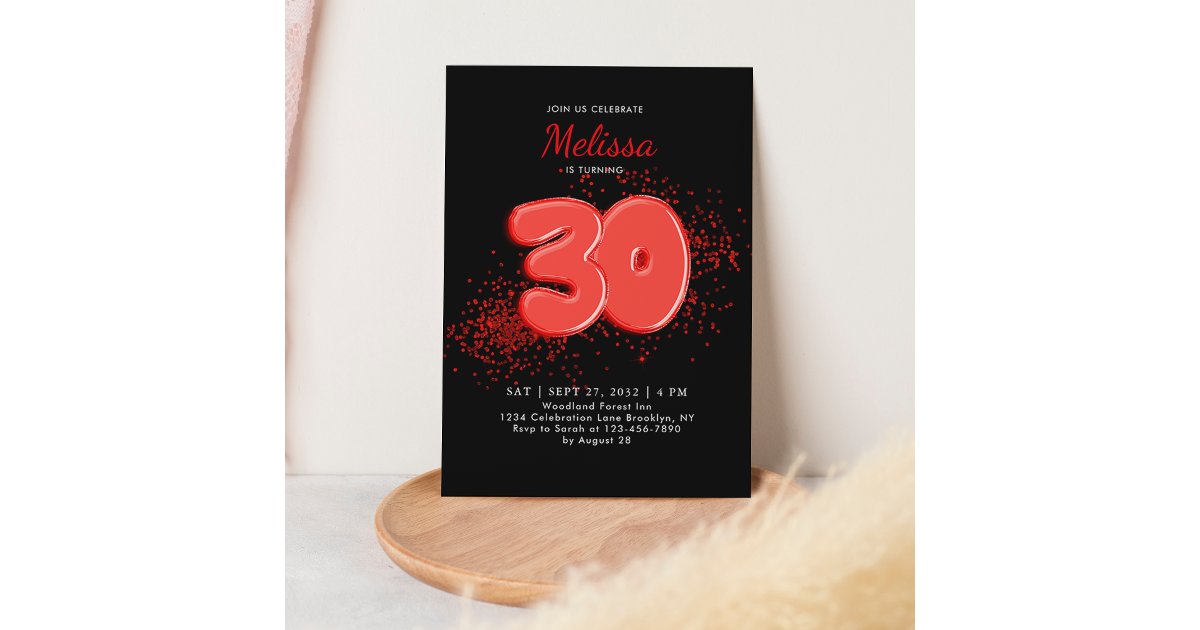 Red Black 30th Balloons Confetti Adult Birthday Invitation | Zazzle