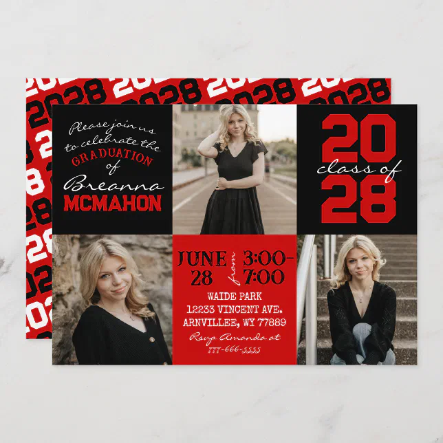 Red & Black 3 Photo Graduation Invitation | Zazzle