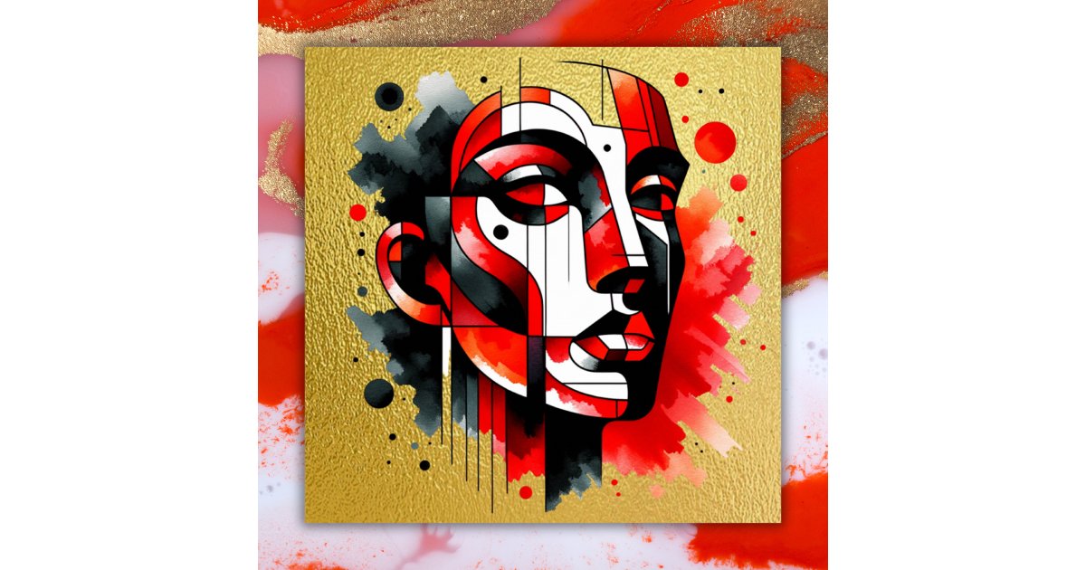 Red, black and white Abstract Face on gold | Poster | Zazzle