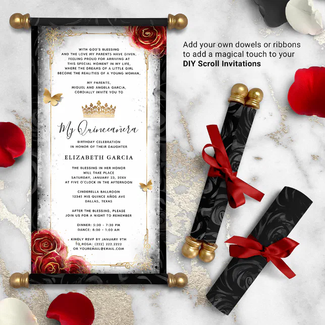 Red Black and White Quince DIY Scroll Invitations | Zazzle
