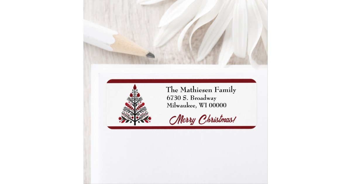 Red Black Boho Christmas Tree Return Address Label | Zazzle