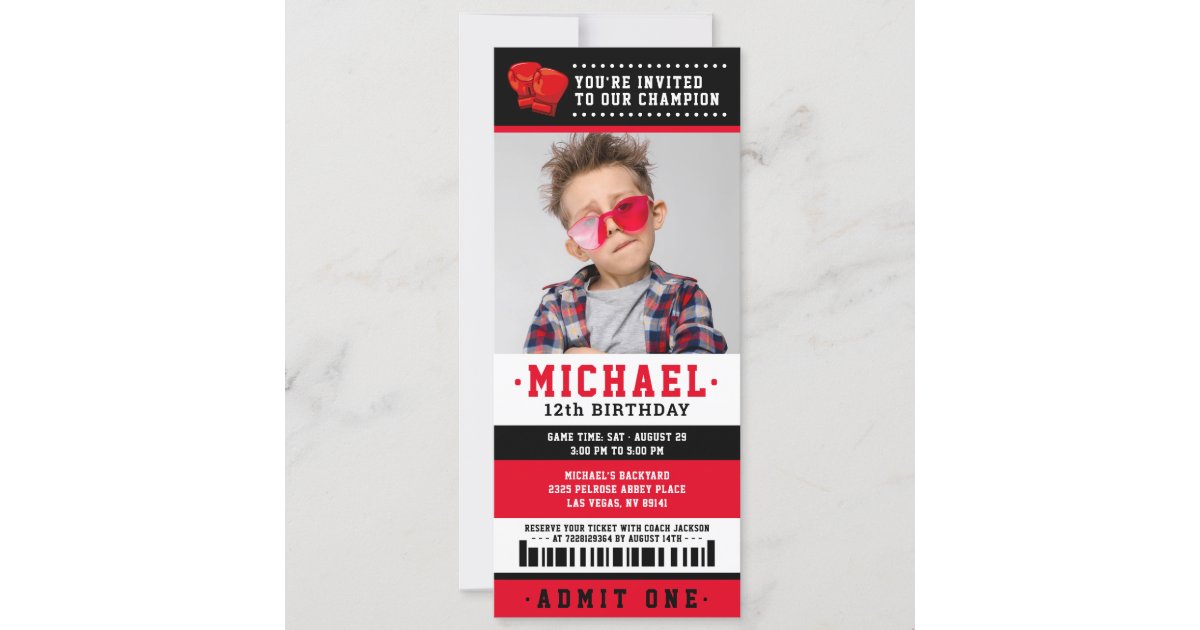 Red black Boxing Ticket Birthday Photo Invitation | Zazzle
