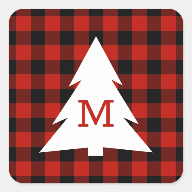 Red Black Buffalo Check Monogram Christmas Holiday Square Sticker | Zazzle