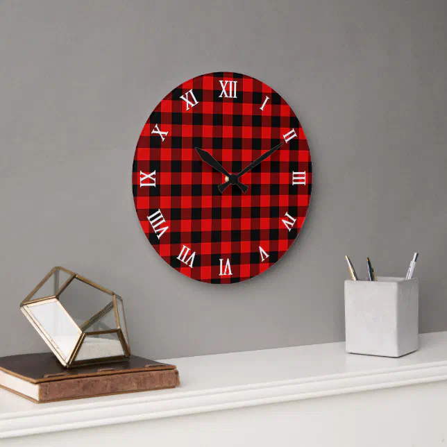 Red Black Buffalo Lumberjack Check Plaid Pattern Large Clock | Zazzle