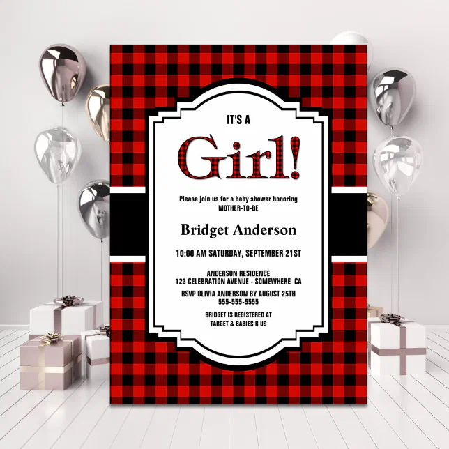 Red Black Buffalo Plaid Baby Shower Invitation | Zazzle