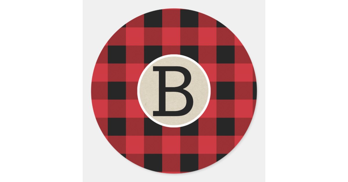 Red Black Buffalo Plaid Checker Kraft Monogram Classic Round Sticker ...