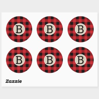 Red Black Buffalo Plaid Checker Kraft Monogram Classic Round Sticker ...